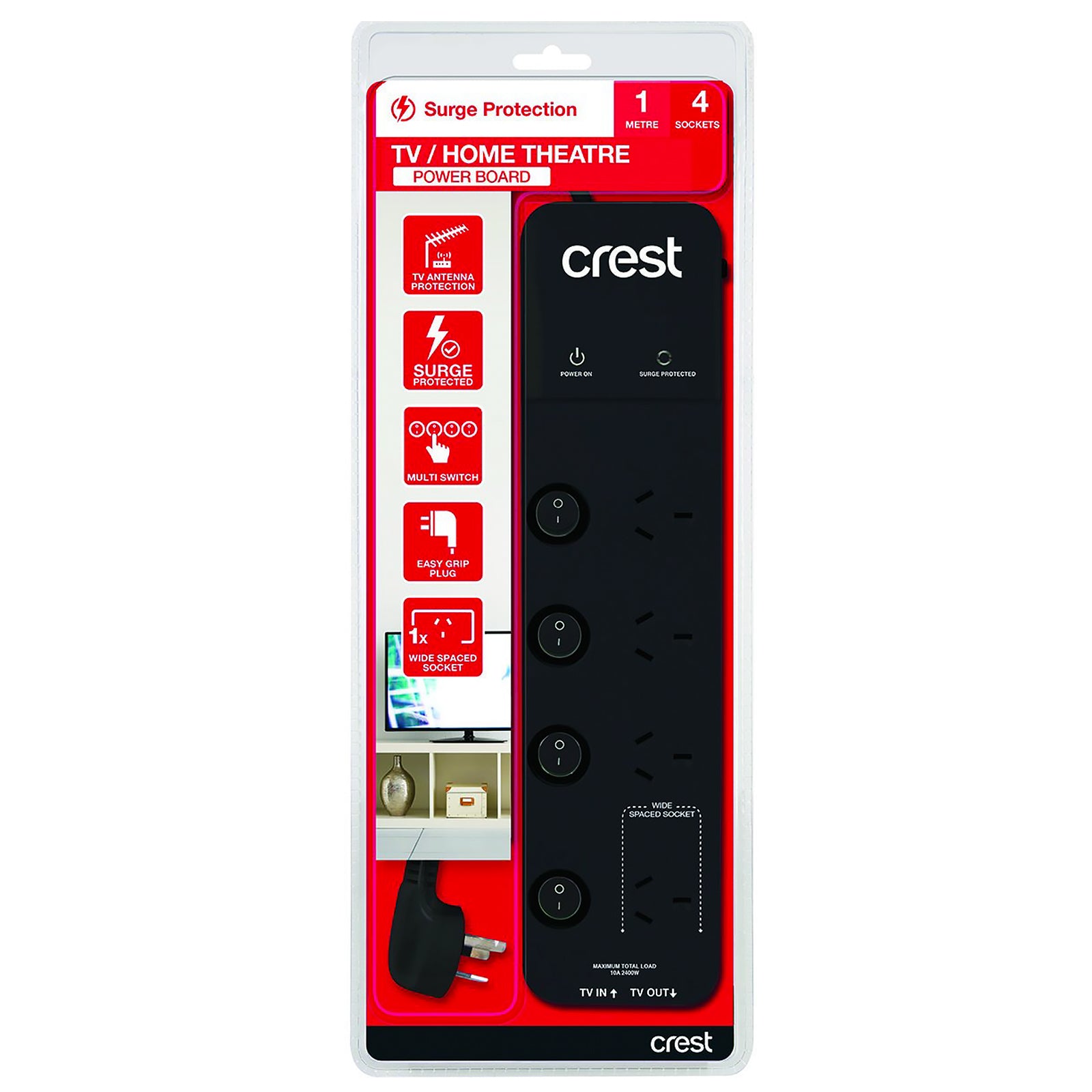 Crest Power Board 4 Outlet Wide Socket Switched Black Surge Protected ...